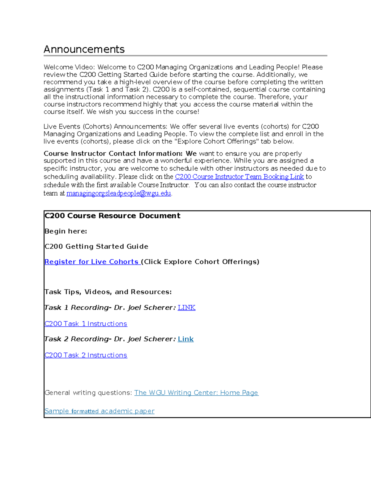 C200 Course Resource Index 12 - Announcements Welcome Video: Welcome to ...