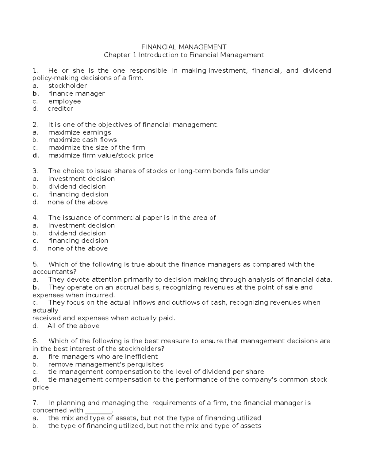 FM - Chapter 1 - FINANCIAL MANAGEMENT Chapter 1 Introduction to ...