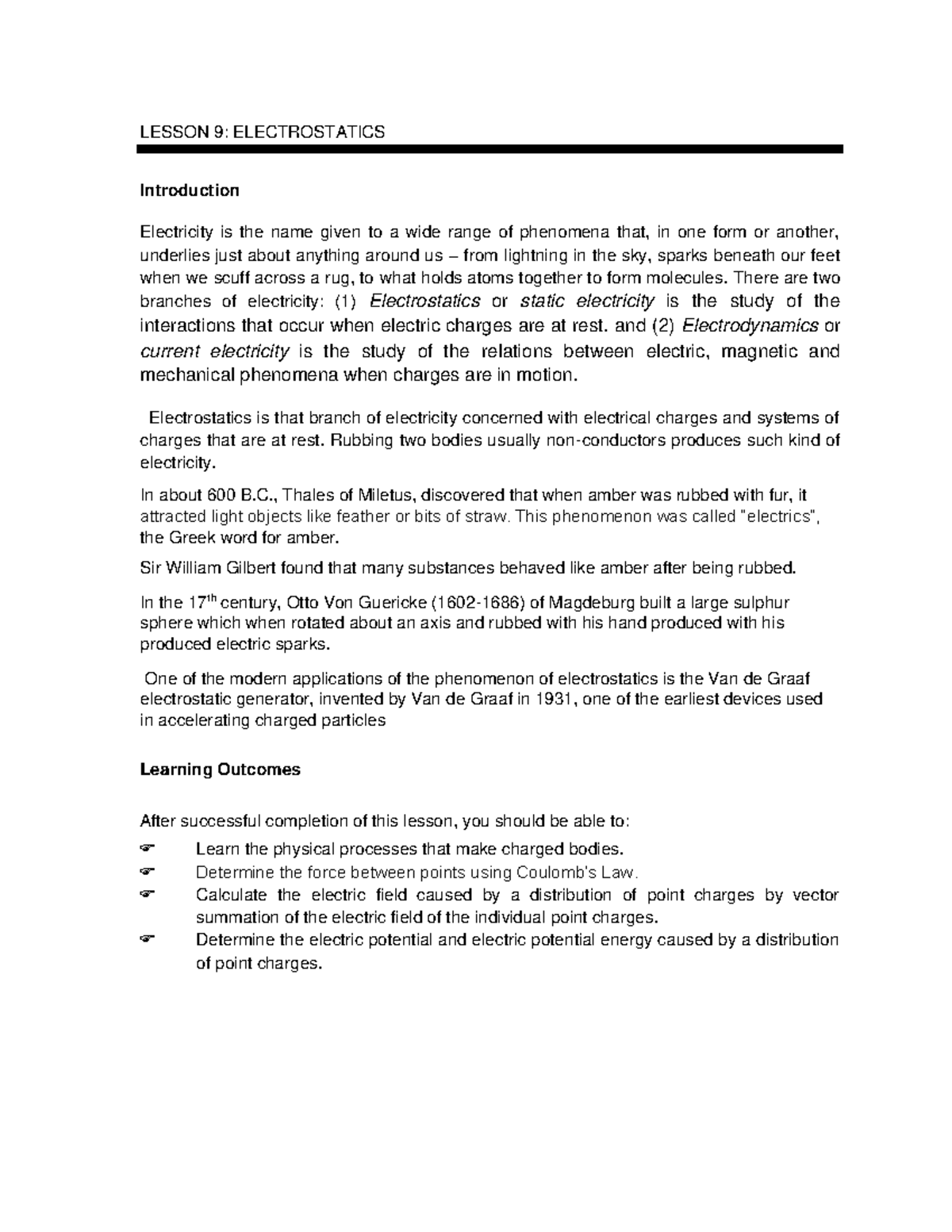 Lesson-9 - Lesson and assessment - ####### LESSON 9 : ELECTROSTATICS ...