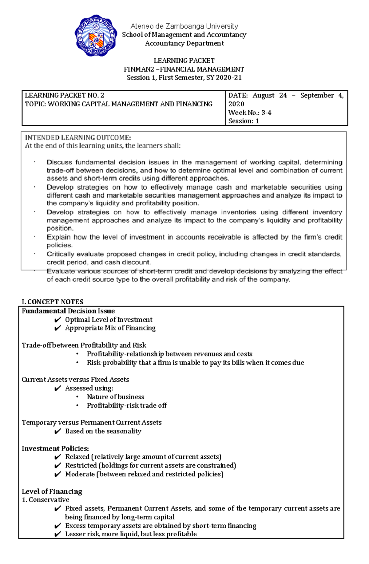 Learning Packet Finman 2-03 Working Capital Management and Financing ...