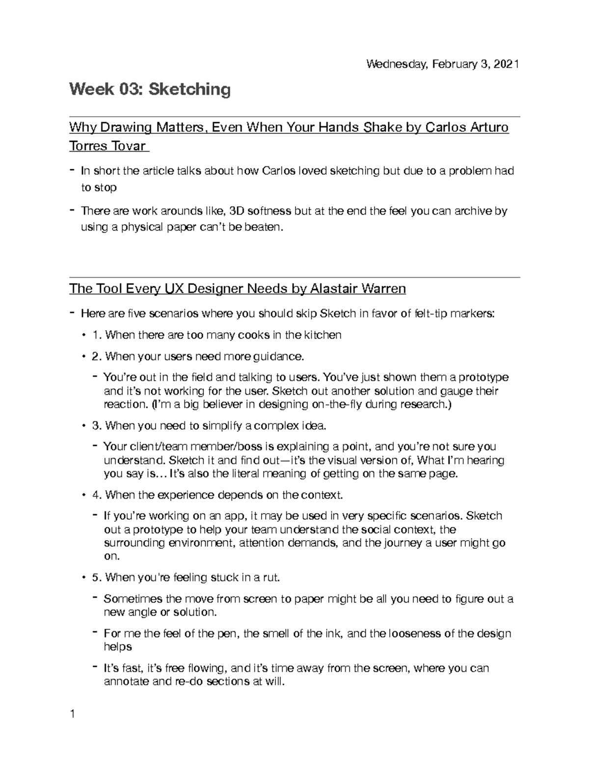 Sketching - Week 3 Notes - Wednesday, February 3, 2021 Week 03 ...