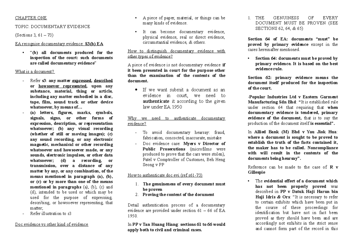 Evidence 2 Chapter 1 - CHAPTER ONE TOPIC: DOCUMENTARY EVIDENCE ...