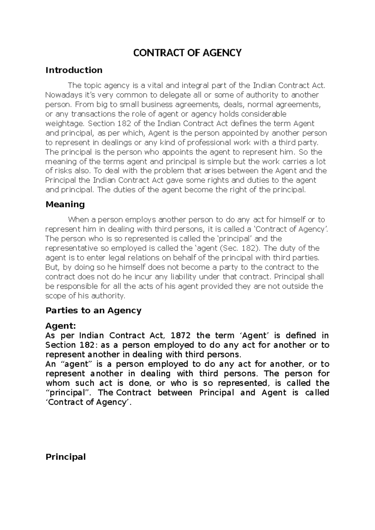 Contract OF Agency - CONTRACT OF AGENCY Introduction The topic agency ...