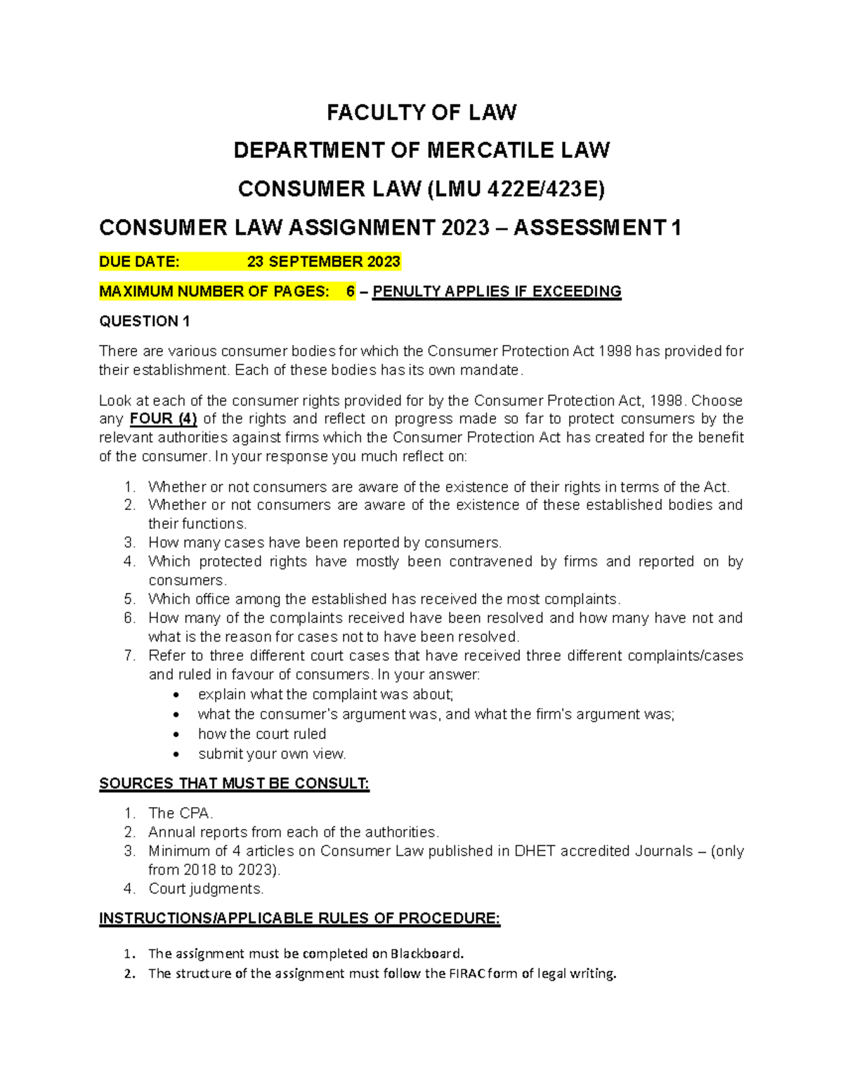 Consumer LAW Assignment - Assessment 1.pdf - FACULTY OF LAW DEPARTMENT ...