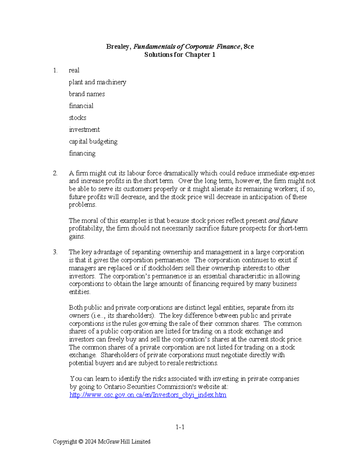 Brealey 8CE Ch01 Final - adms 3530 - Brealey, Fundamentals of Corporate ...