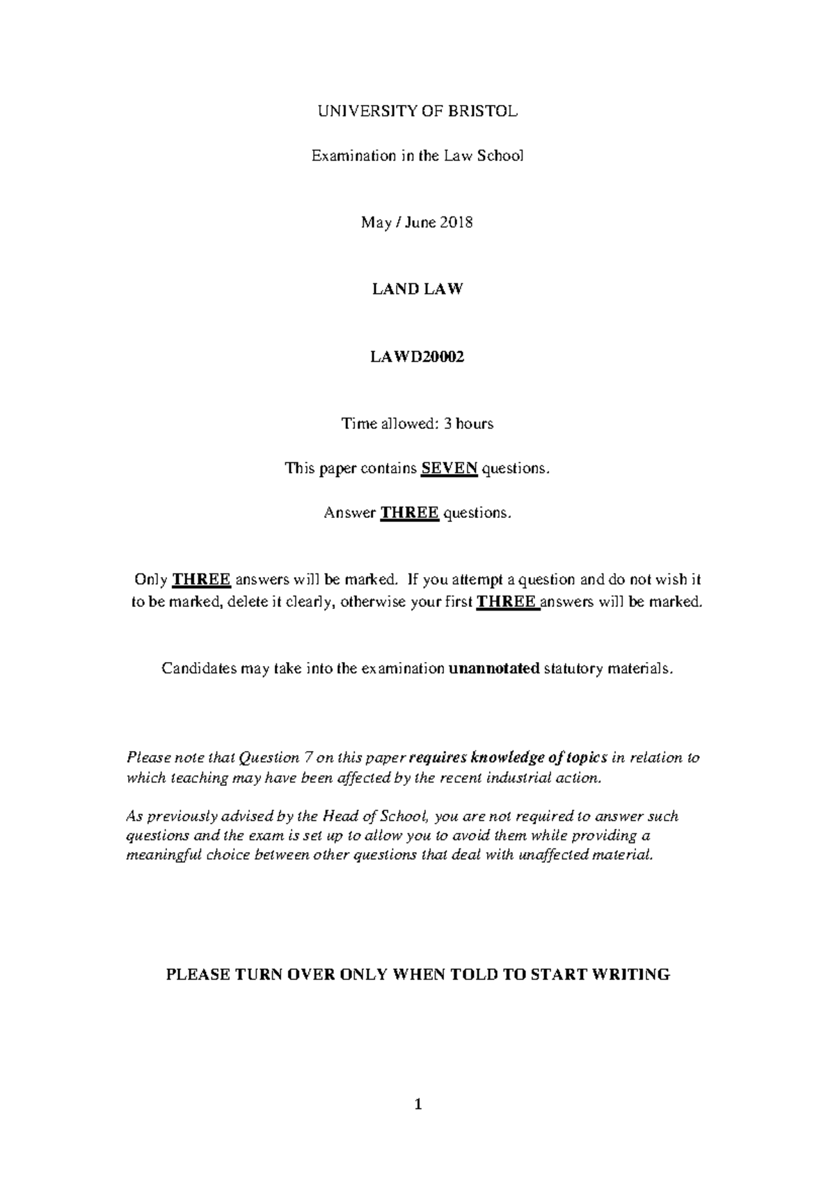 Land Law Exam Paper 2017/18 - UNIVERSITY OF BRISTOL Examination in the ...