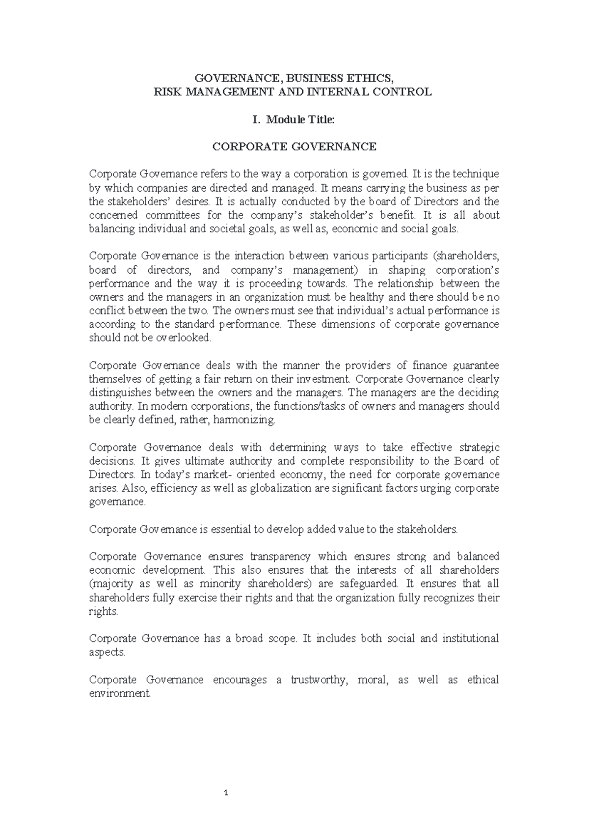 Lesson-NO - Governance - GOVERNANCE, BUSINESS ETHICS, RISK MANAGEMENT ...