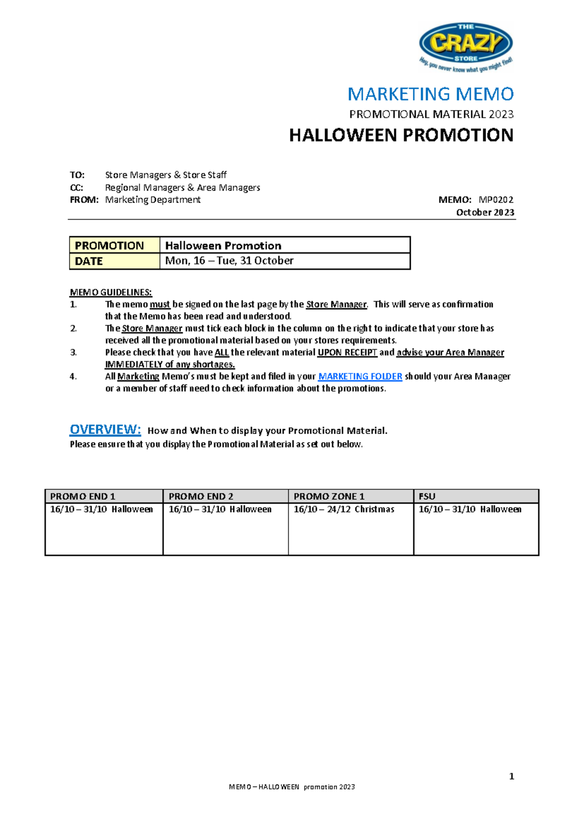 Memo MP0202 - Halloween (Stores without a Gondola header) - 1 MARKETING ...