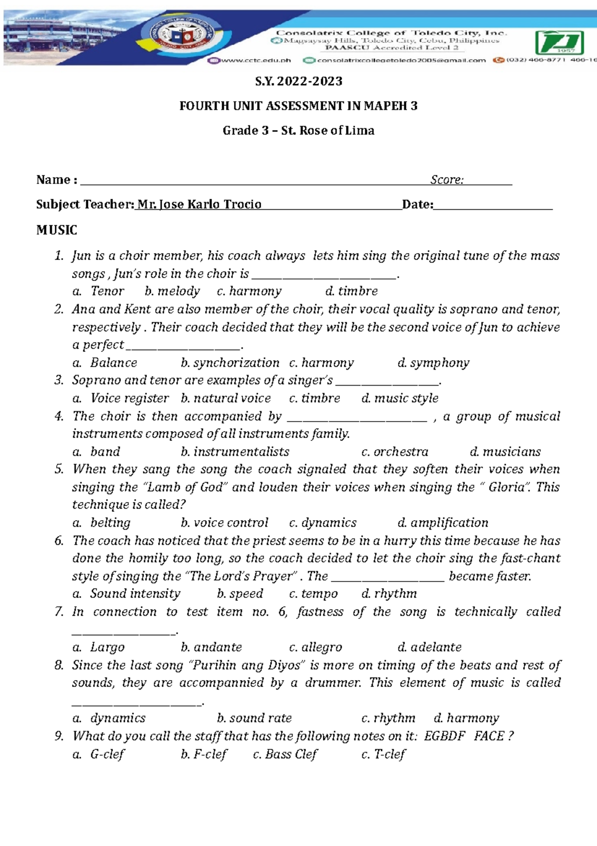 Fourth UNIT Assessment IN Mapeh 3 - S. 2022- FOURTH UNIT ASSESSMENT IN ...