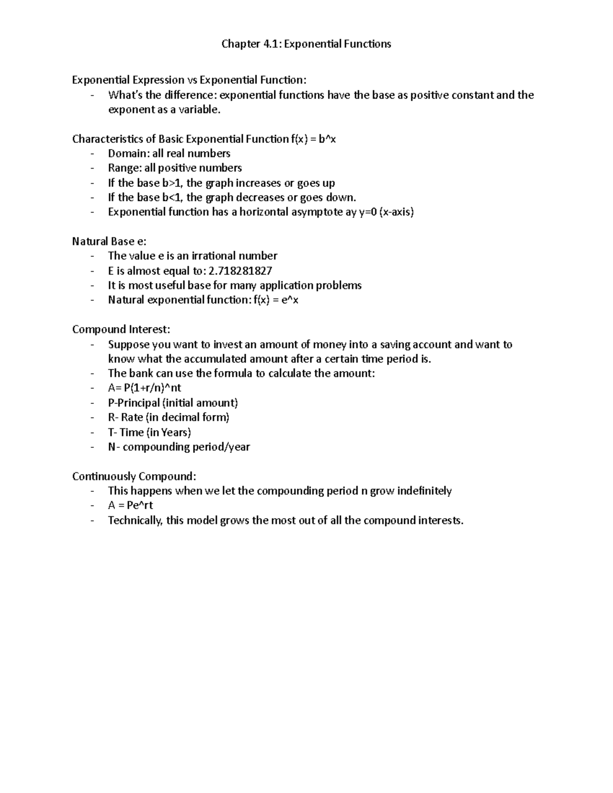 Chapter 4.1 Notes - Chapter 4: Exponential Functions Exponential ...