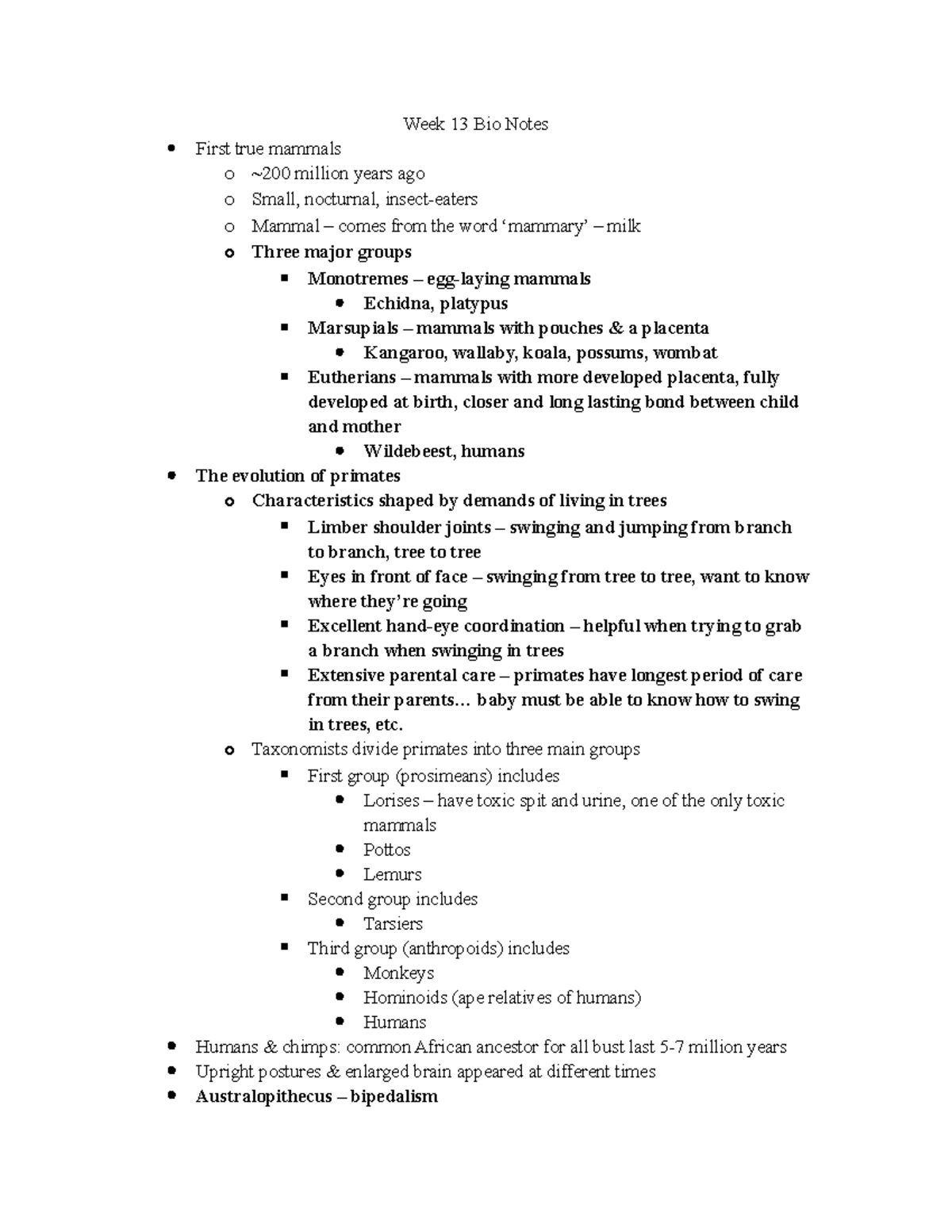Intro to Biology, Week 13 Notes - Week 13 Bio Notes First true mammals ...