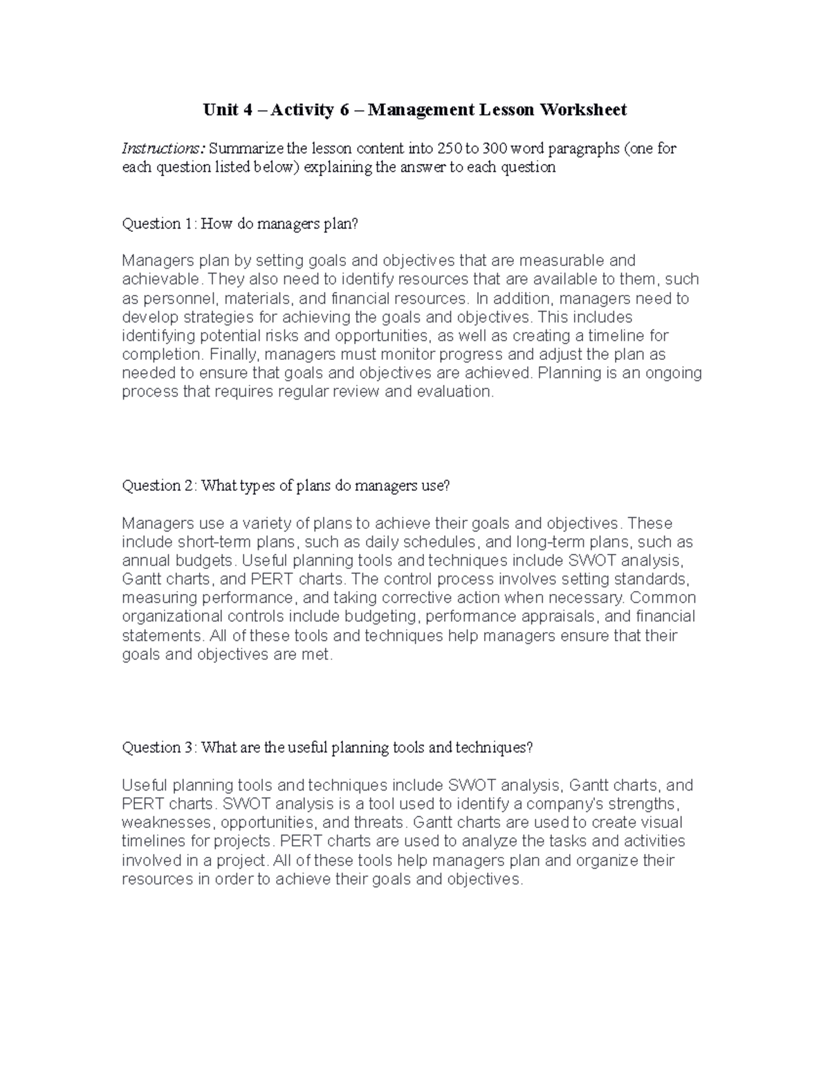 Zihan-Wang-Unit 4 - Activity 6 - Management Lesson Worksheet - Unit 4 ...