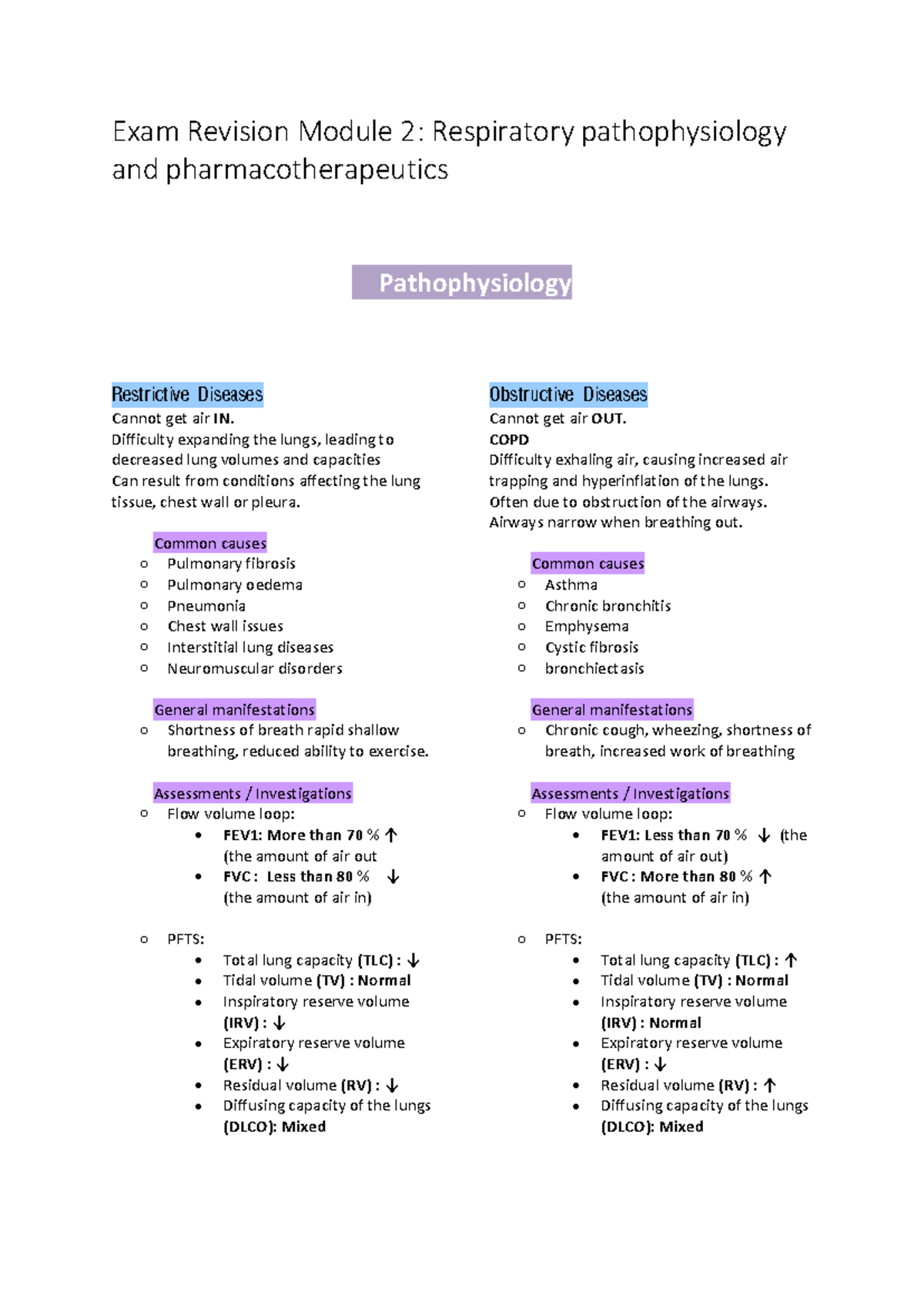 Exam Revision Module 2 Respiratory pathophysiology and ...