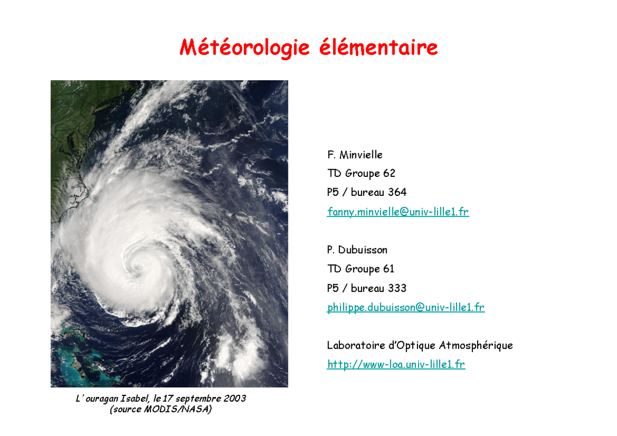 Cours Météorologie cours 1 - Météorologie élémentaire F. Minvielle TD ...