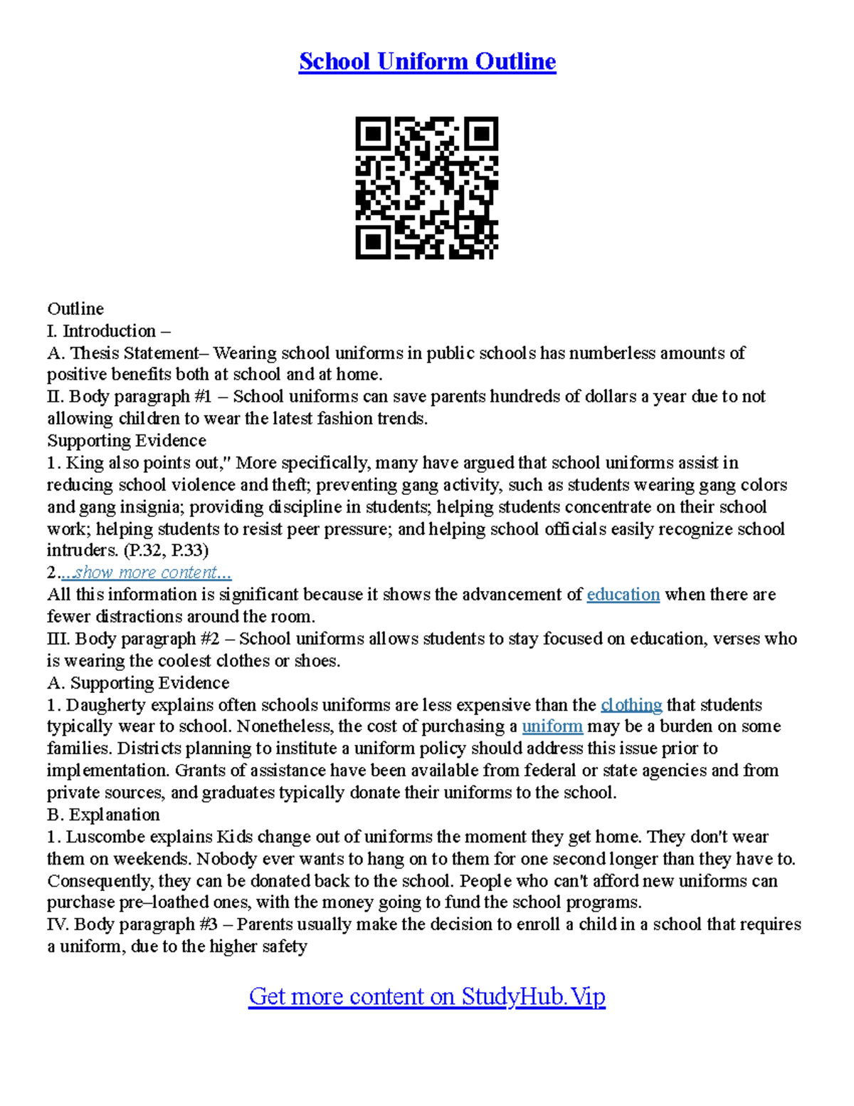 Writing An Essay Outline Template - School Uniform Outline Outline I ...