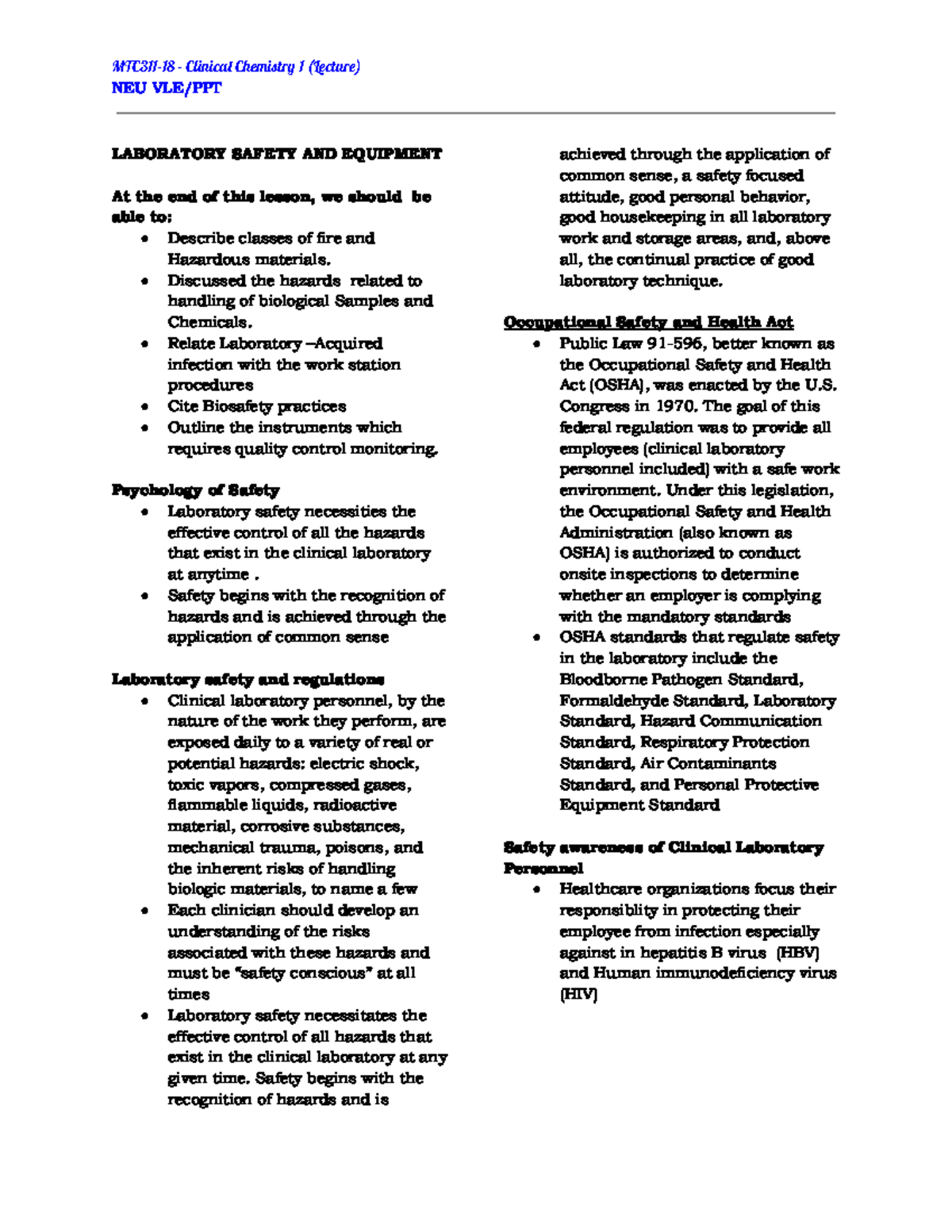 CC LEC-WEEK 2 - NEU VLE/PPT LABORATORY SAFETY AND EQUIPMENT At the end ...