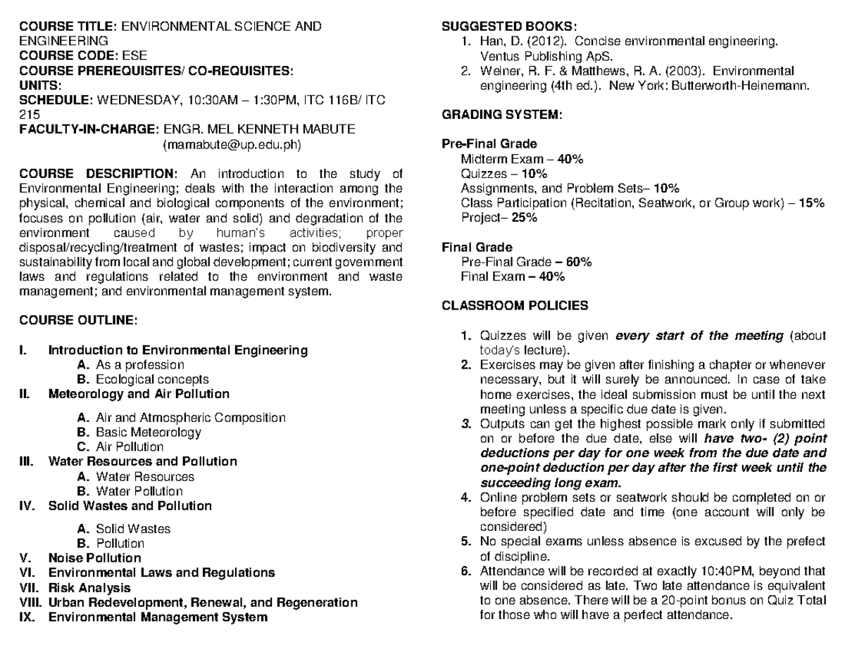 ENVI. Course Outline - Lecture notes 2 - COURSE TITLE: ENVIRONMENTAL ...