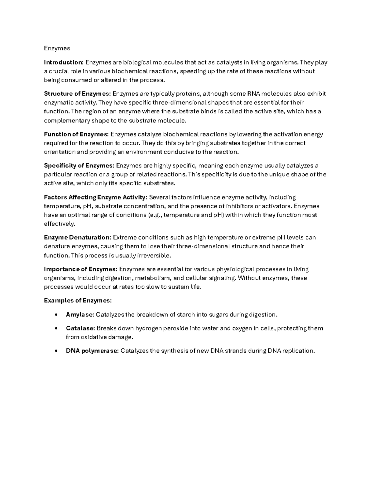 Enzymes - This is a summary based off certain details learnt via the ...