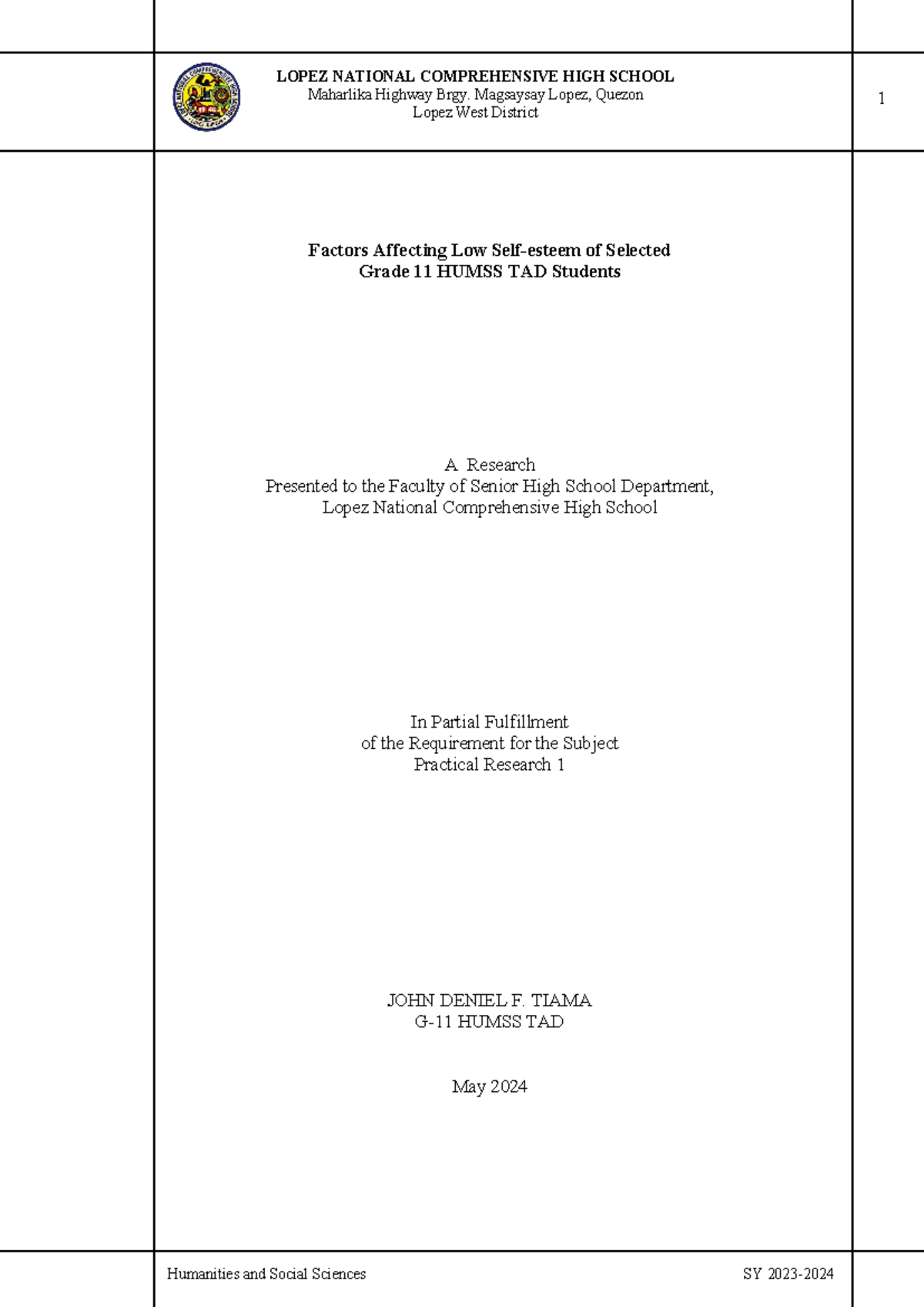 Practical Research 1 template - Maharlika Highway Brgy. Magsaysay Lopez ...