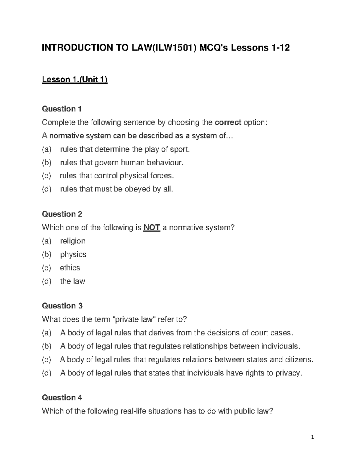 ILW quiz lesson 1 - 12 231025 155618 - INTRODUCTION TO LAW(ILW1501) MCQ ...