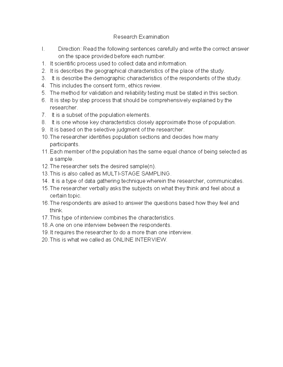 Research Examination Grade 11 - Research Examination I. Direction: Read ...