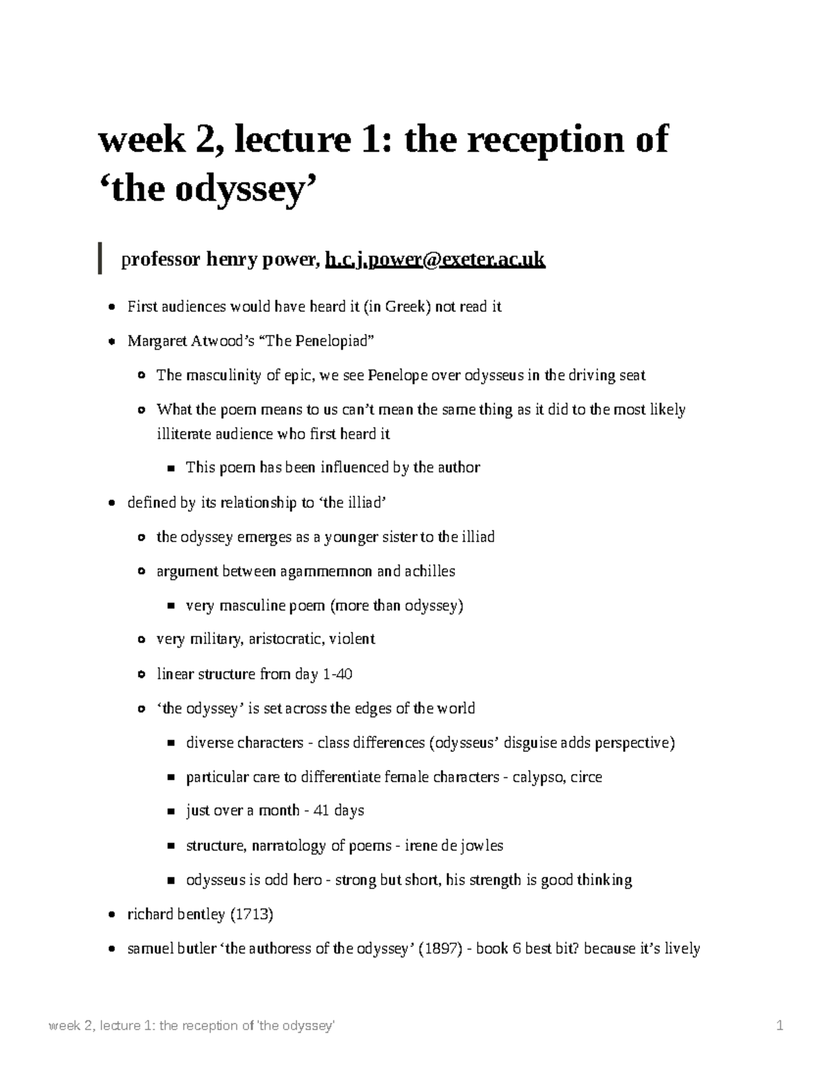 Week 2 lecture 1 the reception of the odyssey - week 2, lecture 1: the ...