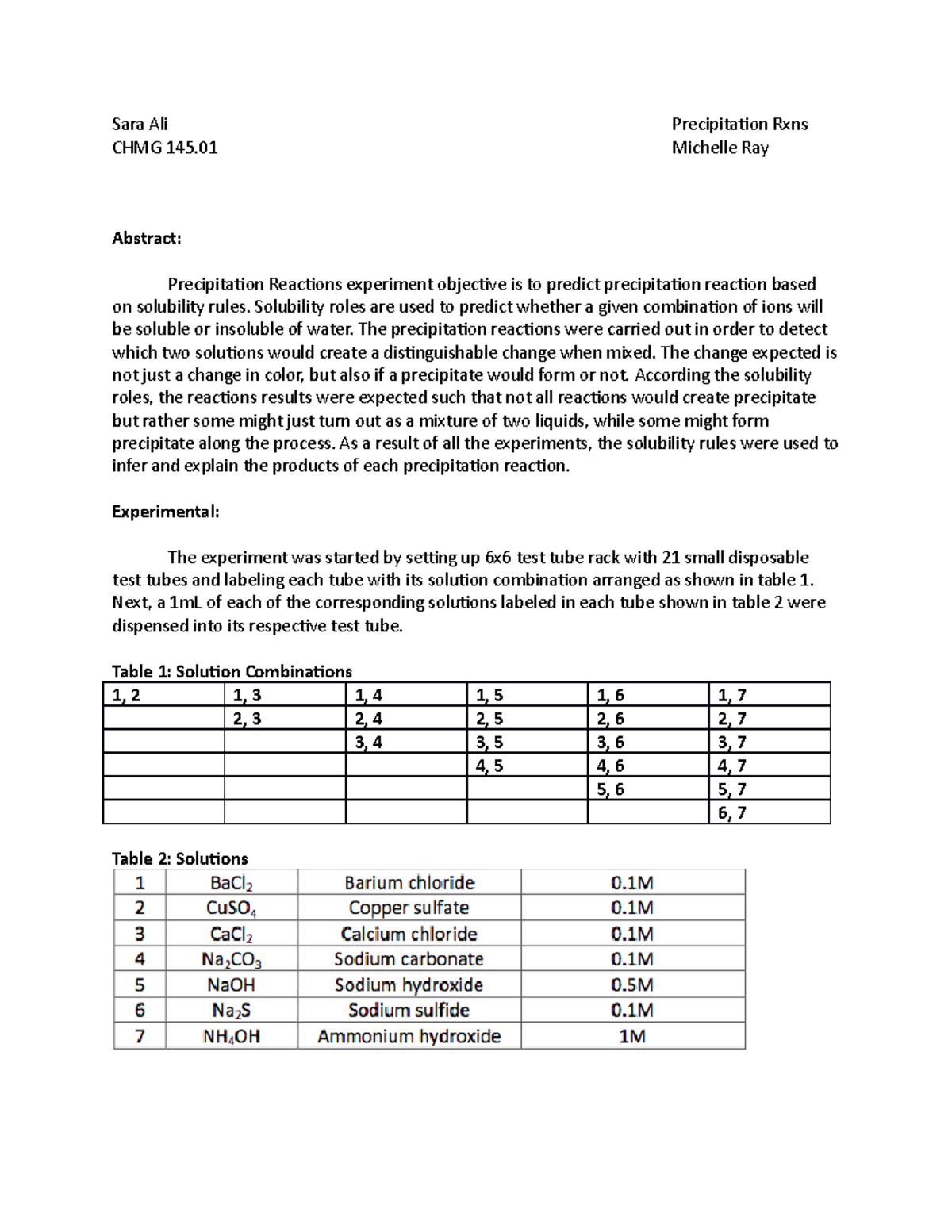 Lab Report 7 - Sara Ali Precipitation Rxns CHMG 145 Michelle Ray ...