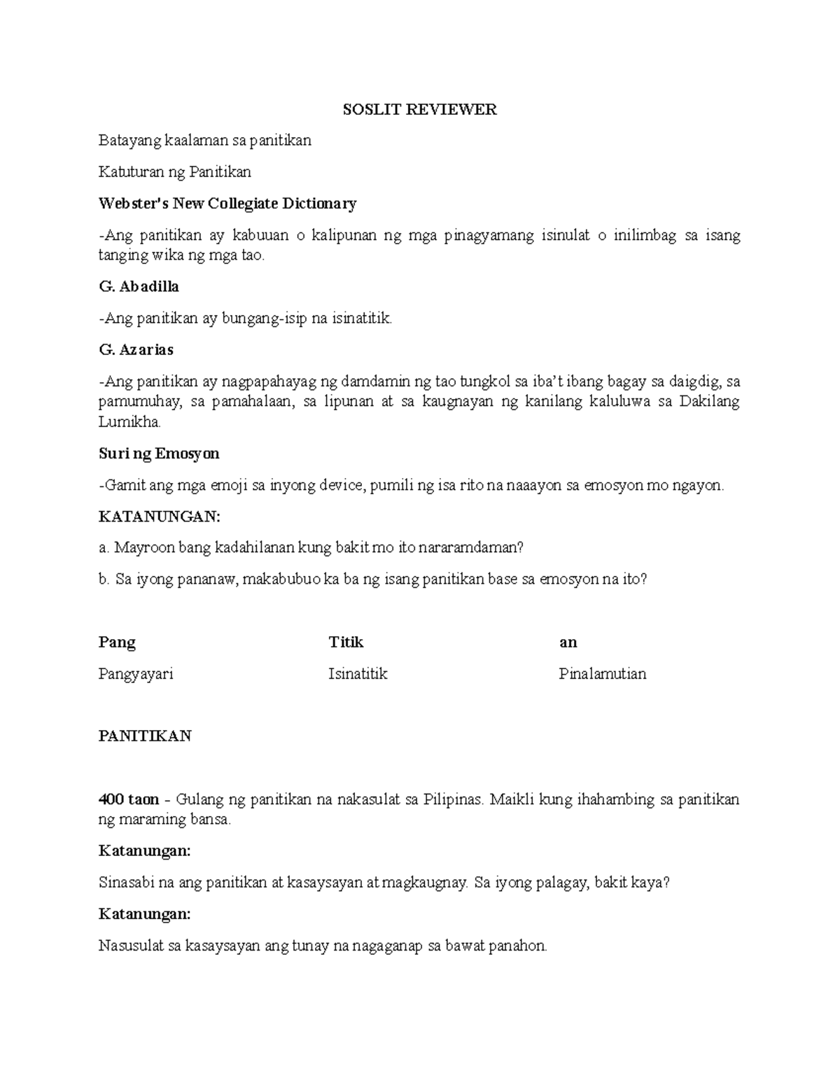Soslit- Reviewer - SOSLIT REVIEWER Batayang kaalaman sa panitikan Katuturan ng Panitikan Webster ...