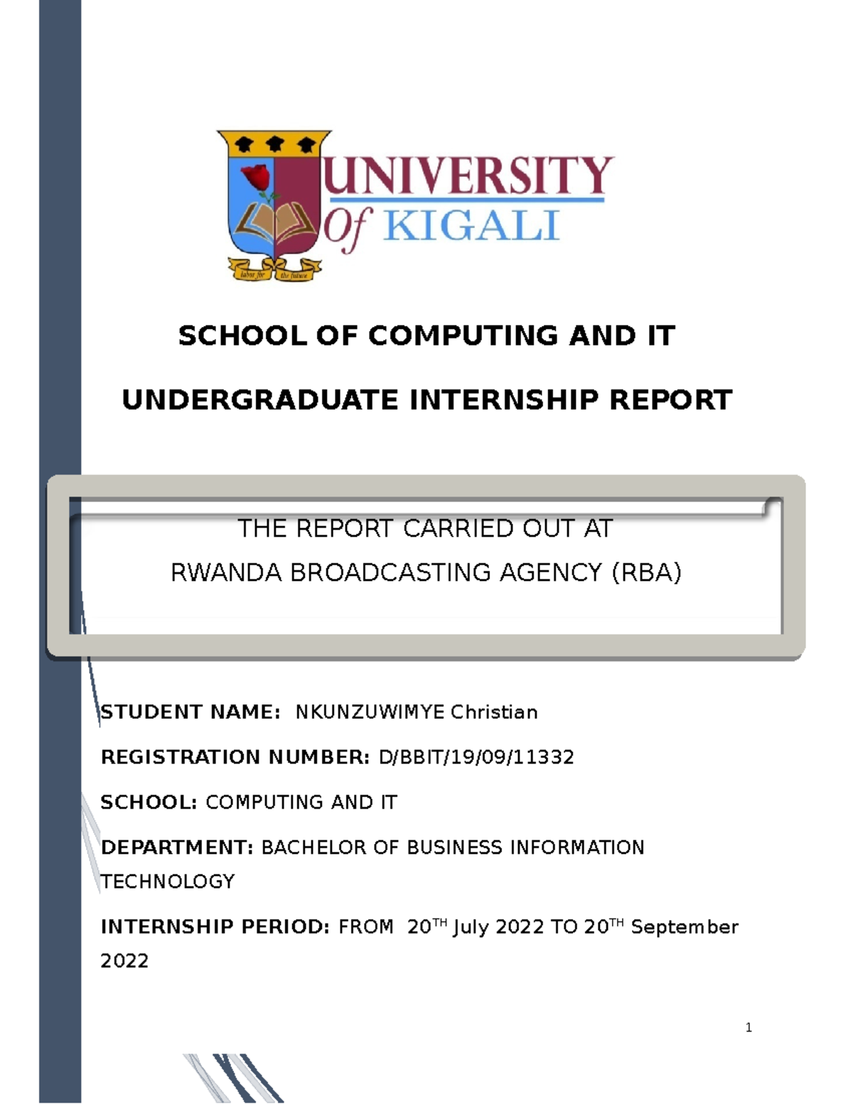 Internship Report - SCHOOL OF COMPUTING AND IT UNDERGRADUATE INTERNSHIP ...