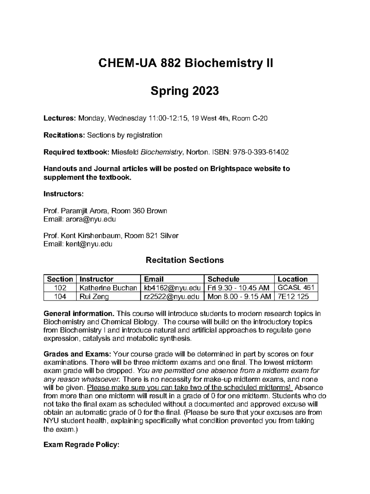 Biochem 2 2023 Syllabus - CHEM-UA 882 Biochemistry II Spring 20 23 ...
