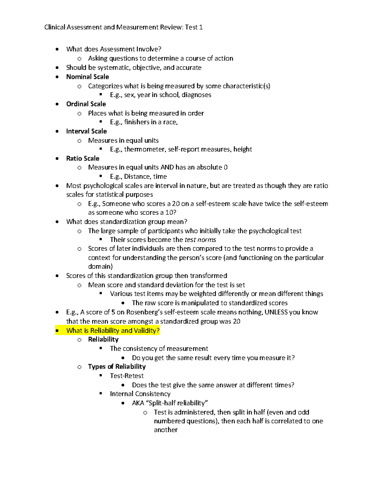 Assessment and Measurement Test Review - Clinical Assessment and ...