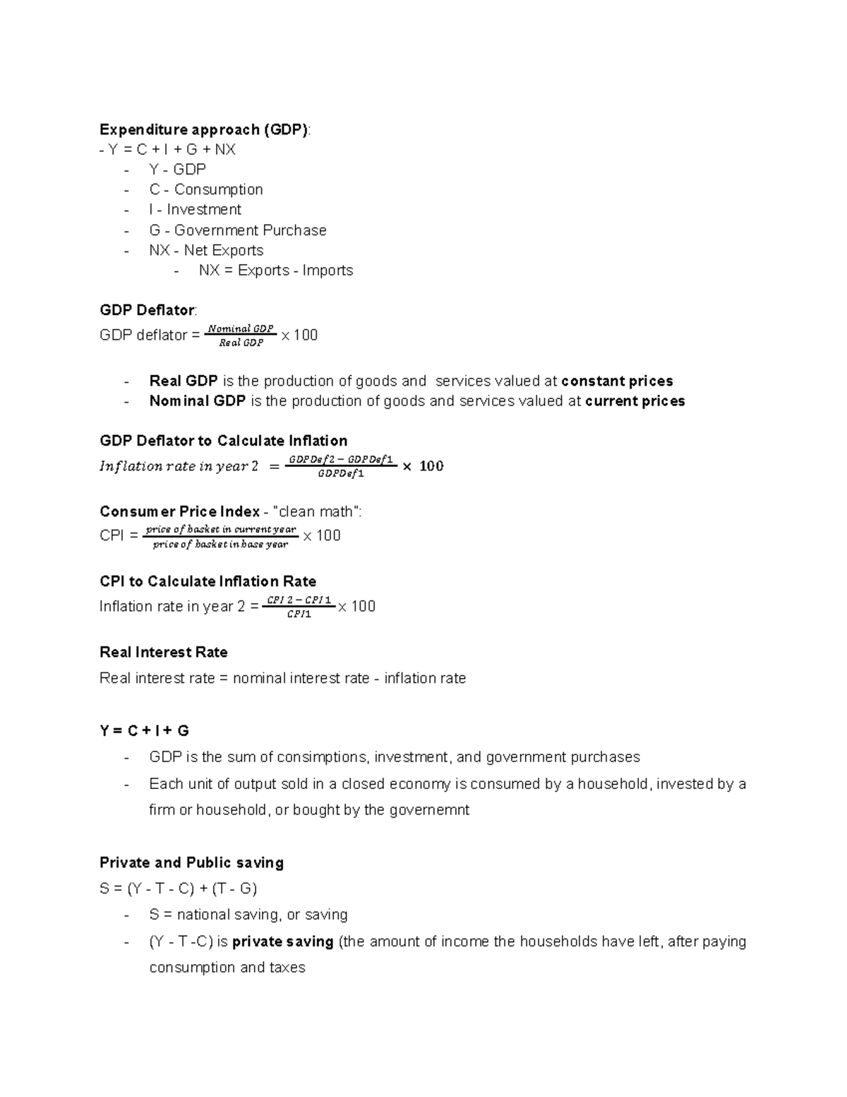 ECON Final Formula Sheet - Expenditure approach (GDP): - Y = C + I + G ...
