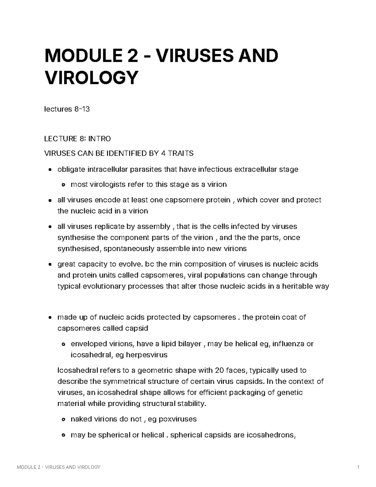 Module 2: virology summary - MODULE 2 - VIRUSES AND VIROLOGY lectures 8 ...