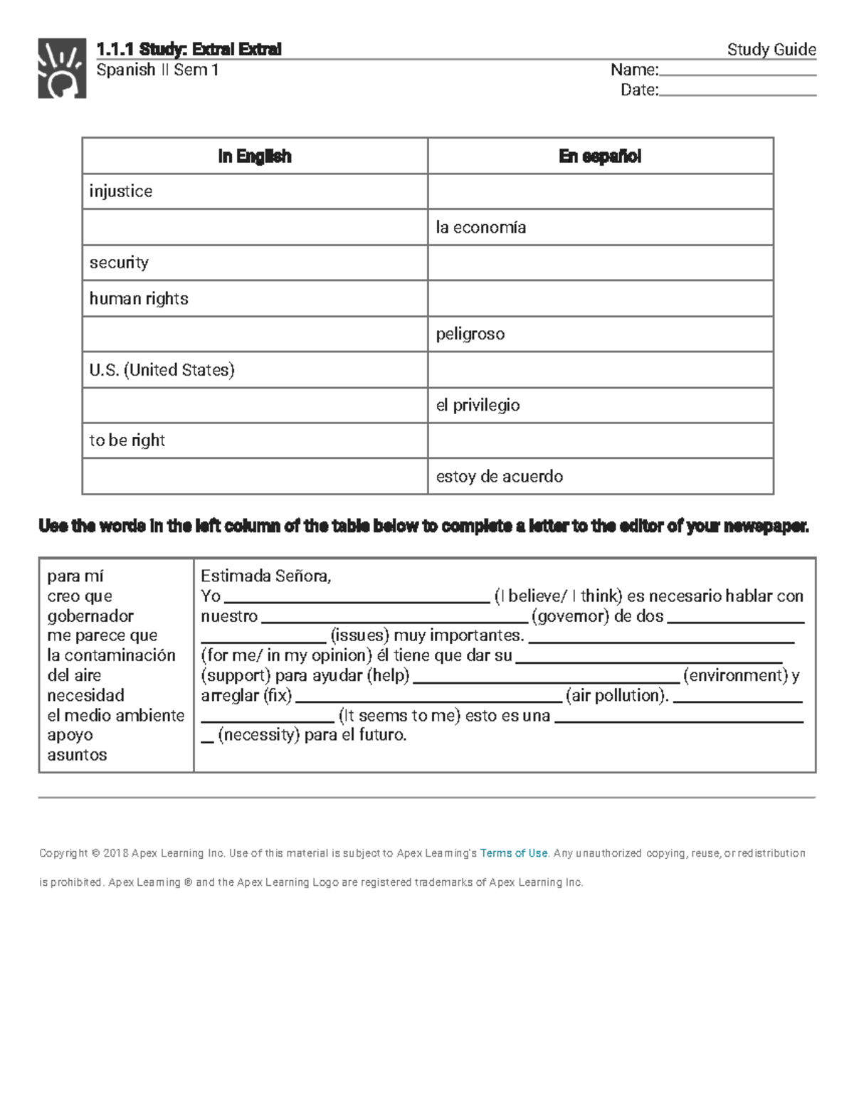 1.1.1 Study Guide - Study Guide Spanish II Sem 1 1.1 Study: Extra ...