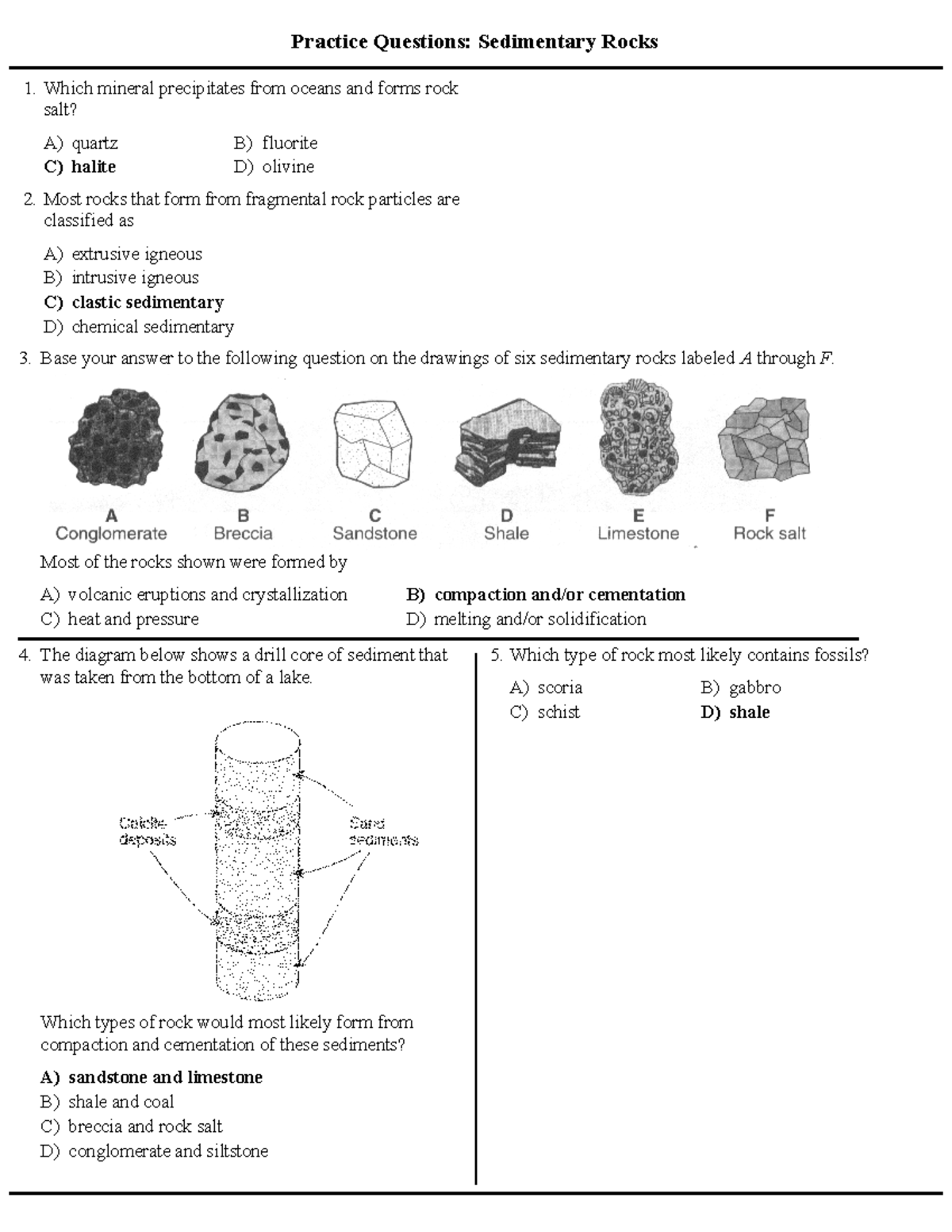 Geology note 2024 - Practice Questions: Sedimentary Rocks A) quartz B ...