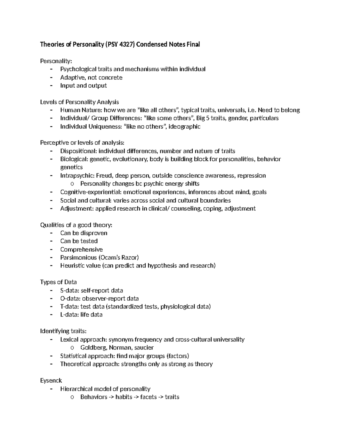 Theories of Personality summary - Theories of Personality (PSY 4327 ...
