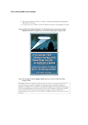 HSC Preliminary Year 11 History World War 1 Source Analysis - Year 11 ...