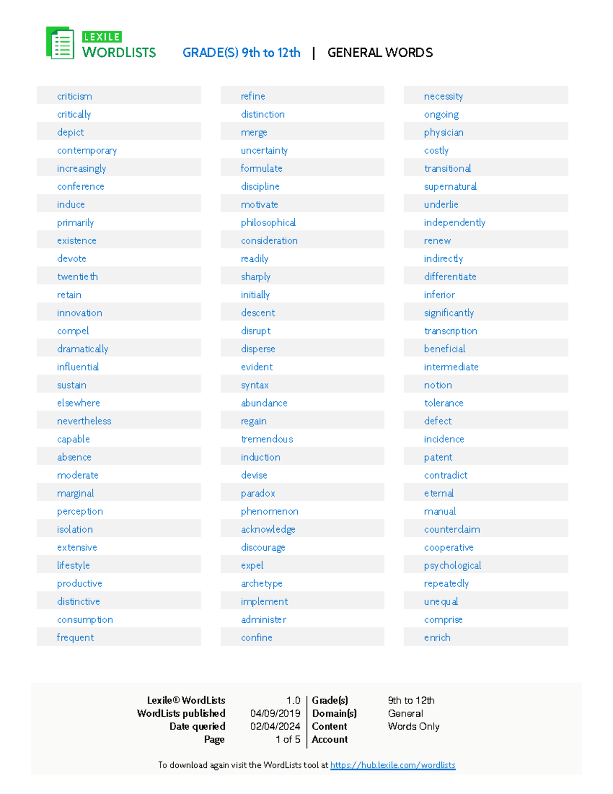 Word List grade 9-12 general - GRADE(S) 9th to 12th | GENERAL WORDS ...