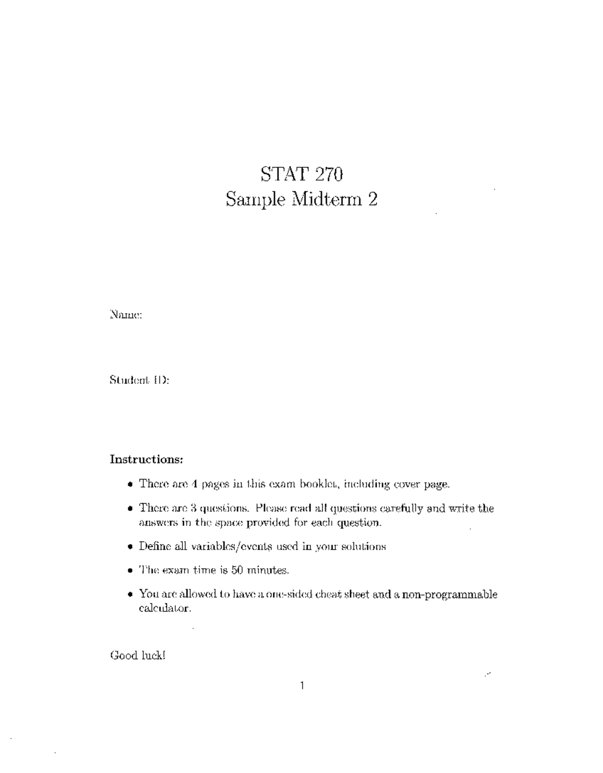 Samplemidterm 2 - stat practice exam - STAT 270 - Studocu