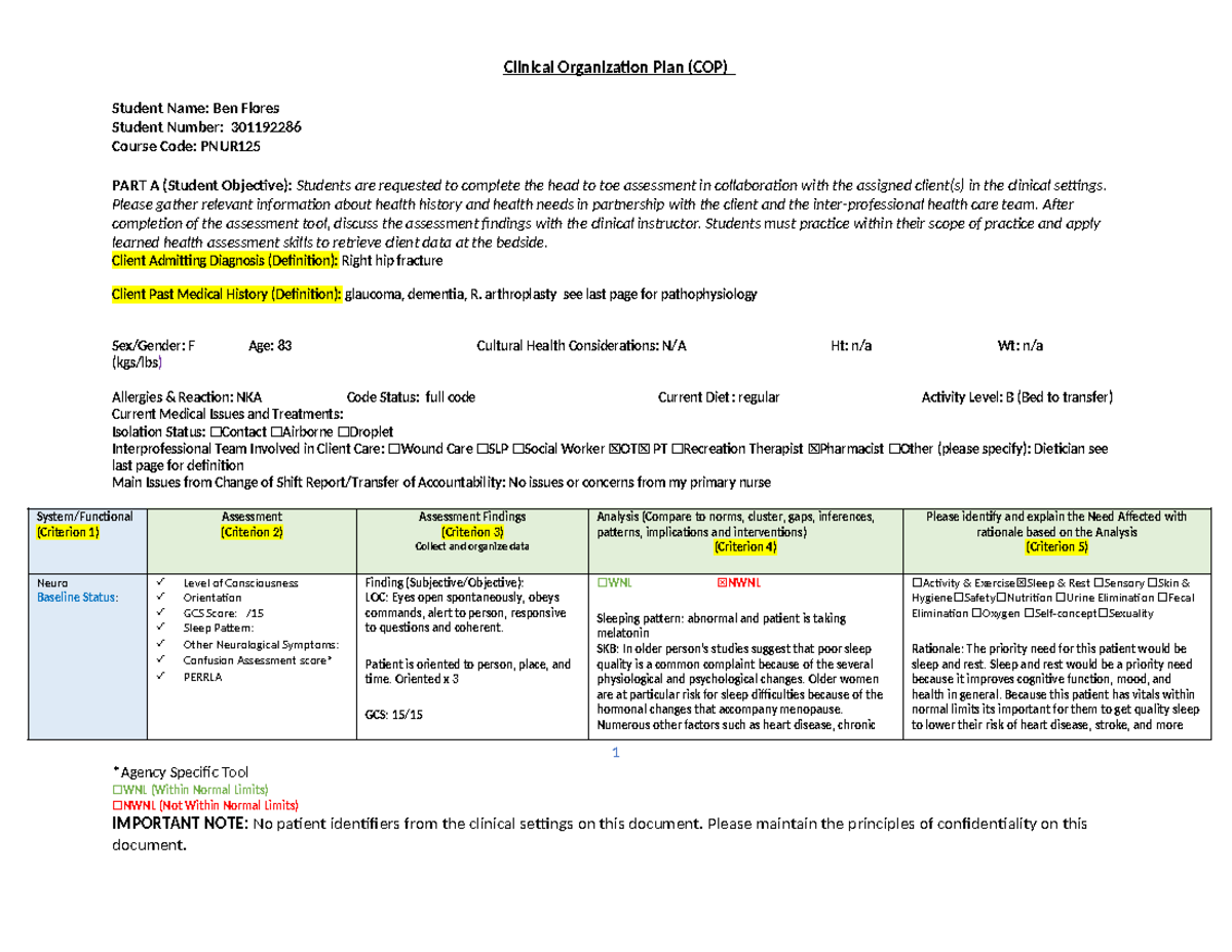 Winter 2024 COP Week 1 - Clinical Organization Plan (COP) Student Name ...