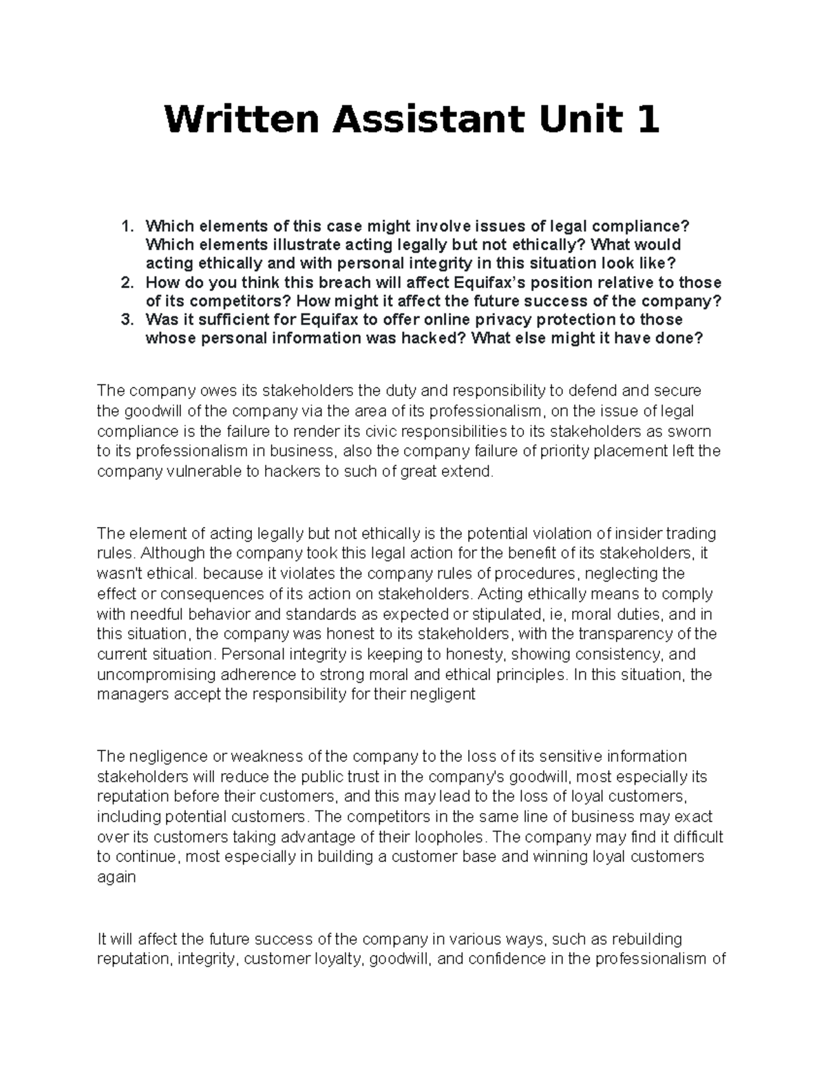 Written assignment unit 1 - Written Assistant Unit 1 Which elements of this case might involve ...