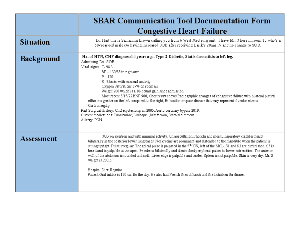 CHF CHF SBAR Communication Tool Documentation Form Congestive Heart