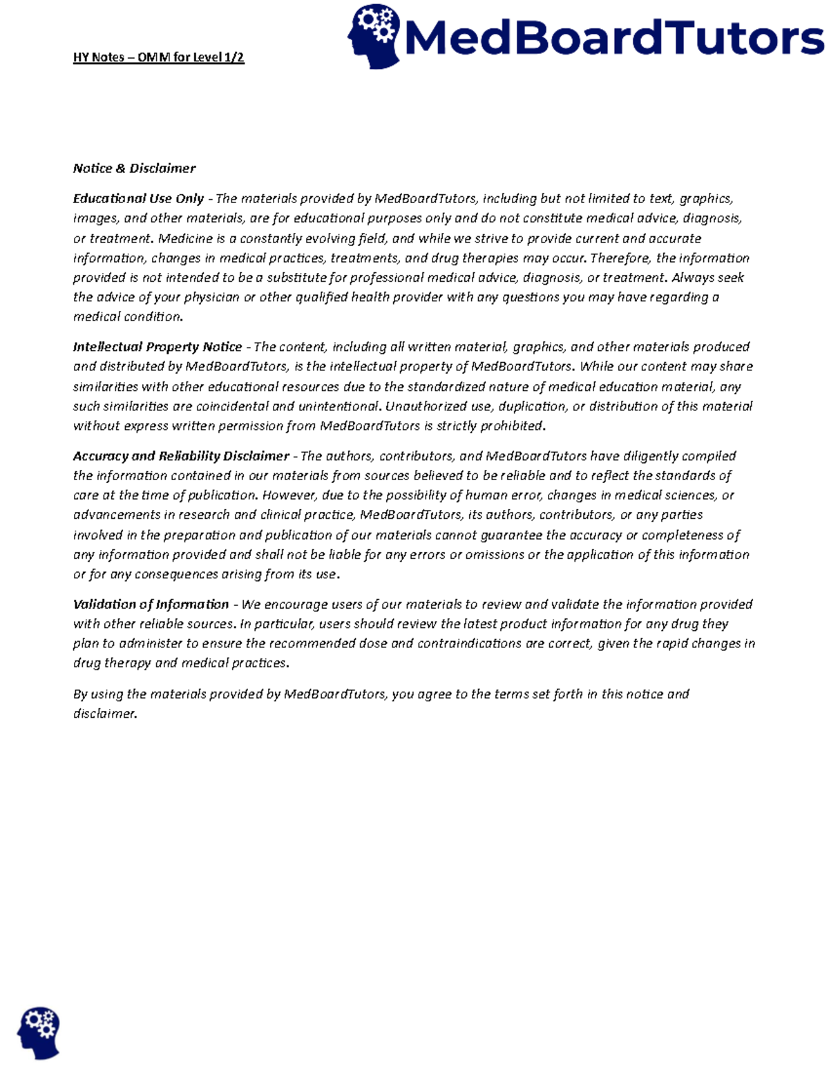 MBT HY Notes - OMM for Level 1 and Level 2 Outline - Notice ...