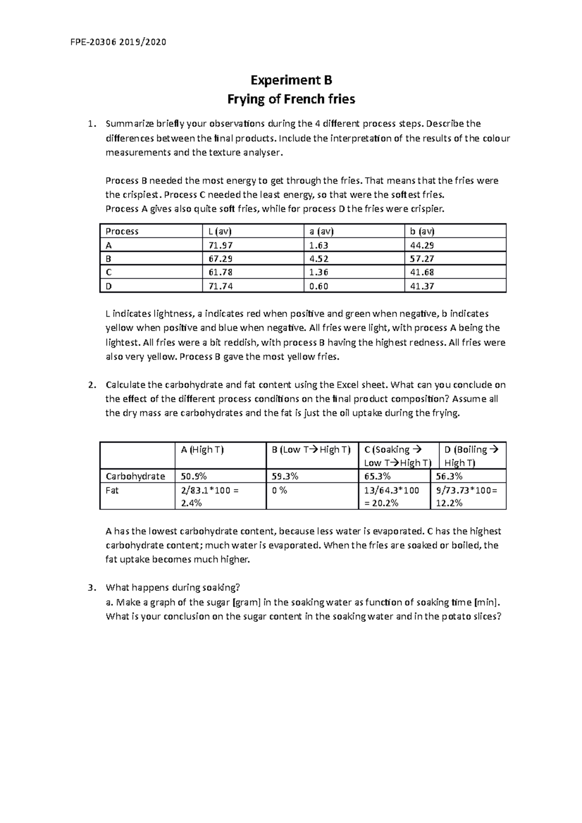 Experiment B report - FPE-20306 2019/ Experiment B Frying of French ...