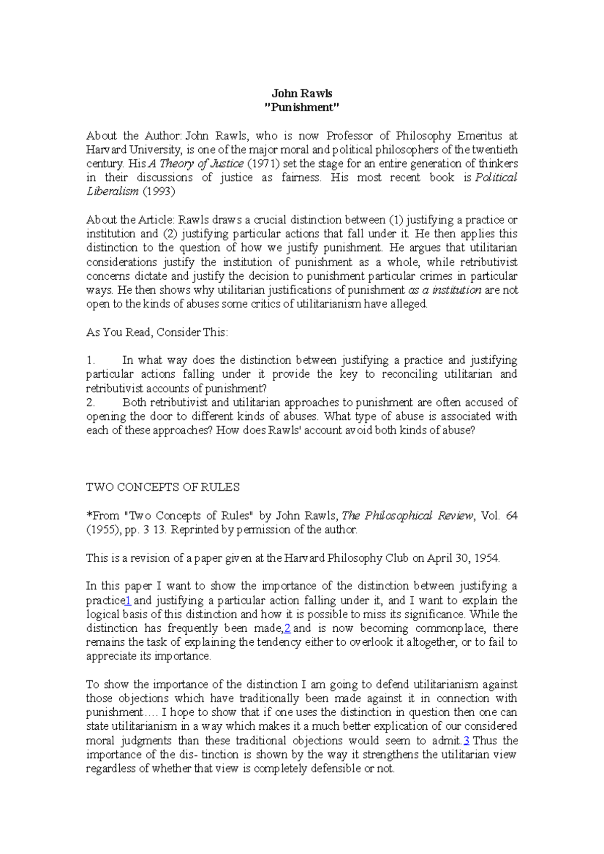 John Rawls Two Concepts of Rules - John Rawls "Punishment" About the ...