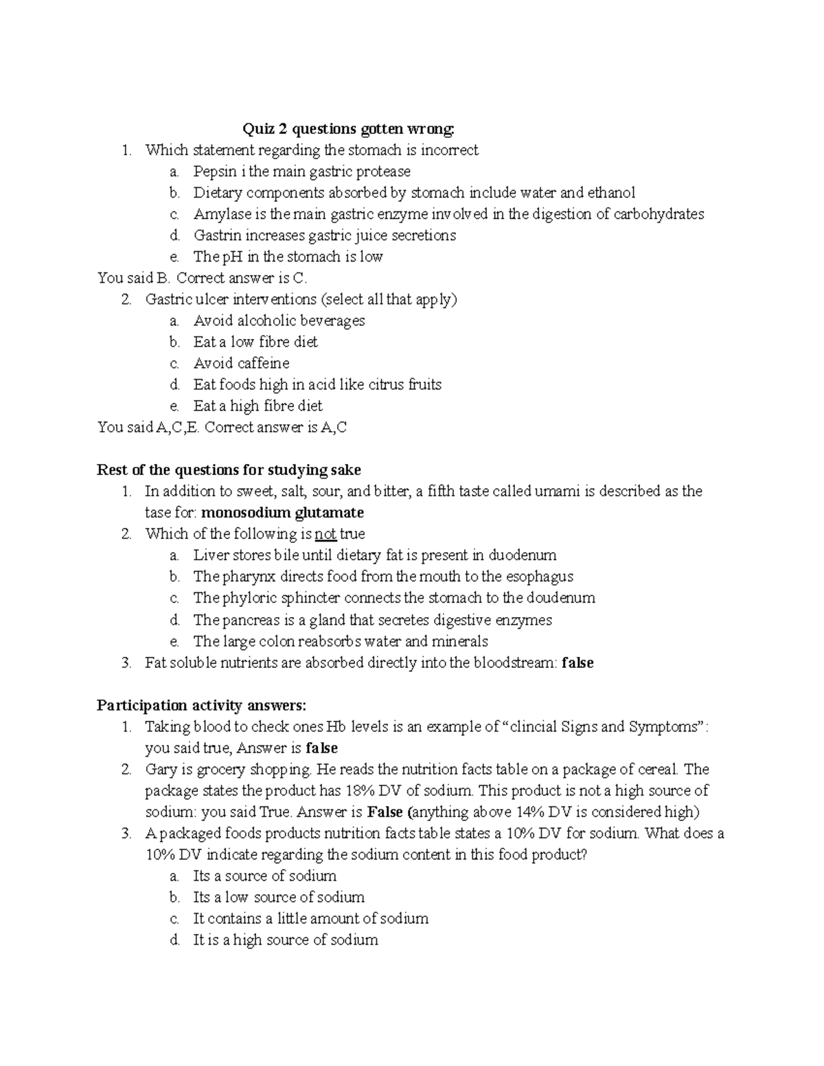 Week 4 chapter 3 digestion and absorption - Quiz 2 questions gotten ...