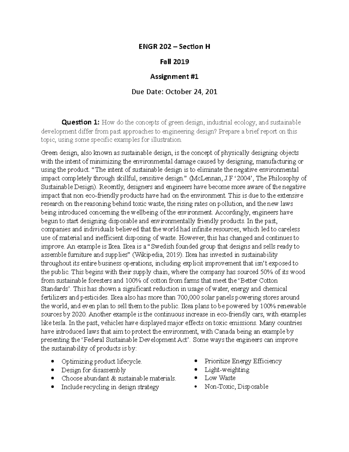 ENGR 202 assign 1 - ENGR 202 – Section H Fall 2019 Assignment Due Date ...