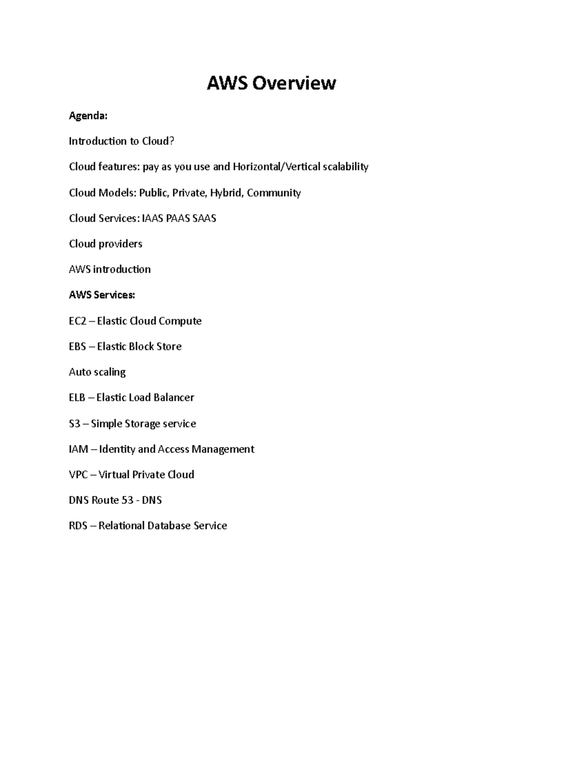 AWS - Notes - AWS Overview Agenda: Introduction to Cloud? Cloud ...