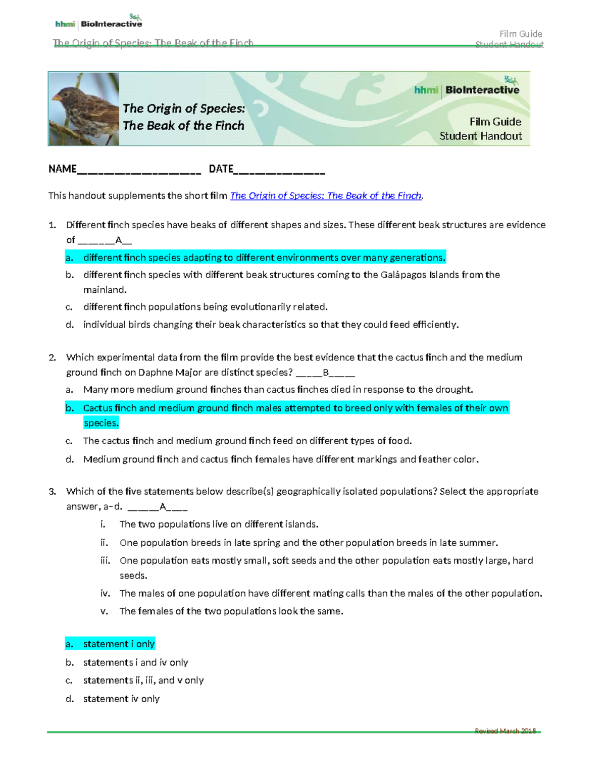 Finches Student Worksheet - Shortened - The Origin of Species: The Beak ...
