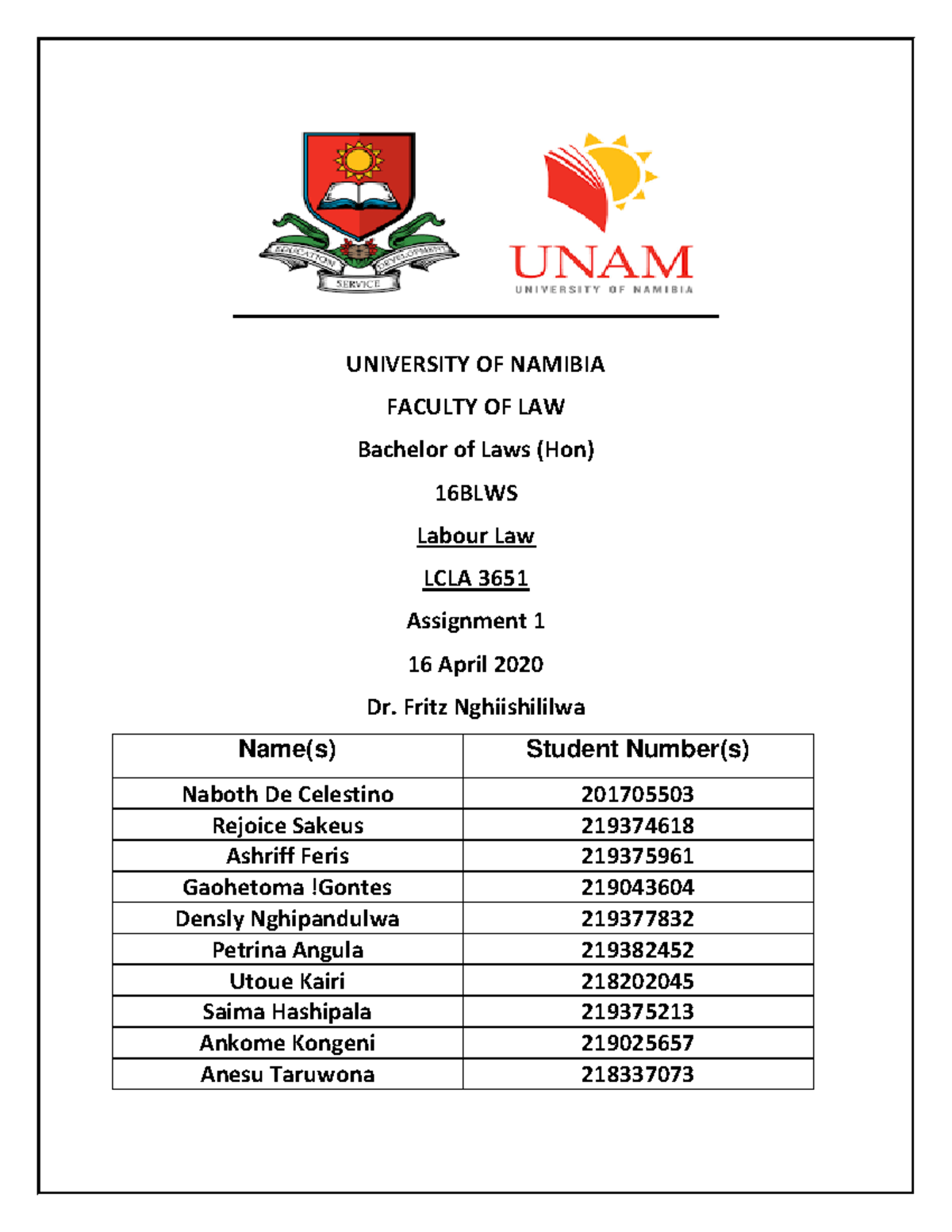 Actual Labour Assignment - UNIVERSITY OF NAMIBIA FACULTY OF LAW ...